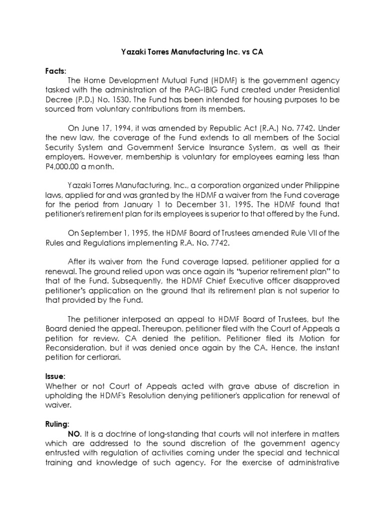 6 - Yazaki Torres Manufacturing Inc. Vs CA | PDF | Discretion | Public Law