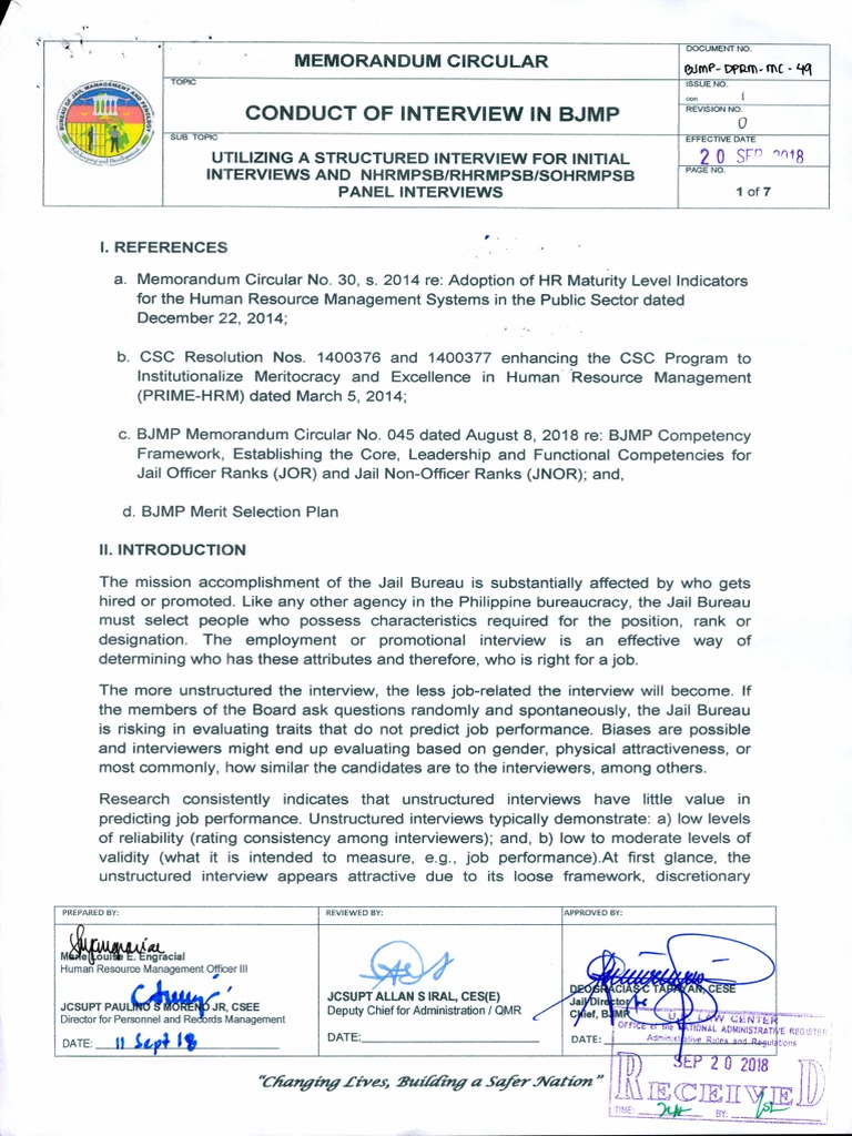 09.20.2018 Conduct of Interview in BJMP (Utilizing A Structured Interview For Initial Interviews ...