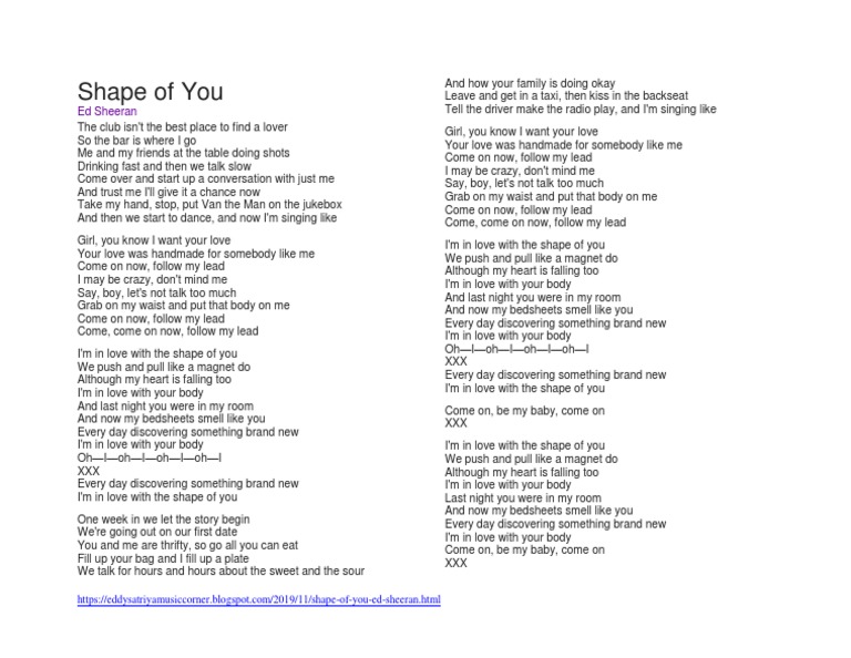 Shape of You Lyrics - Ed Sheeran | PDF | Poetry