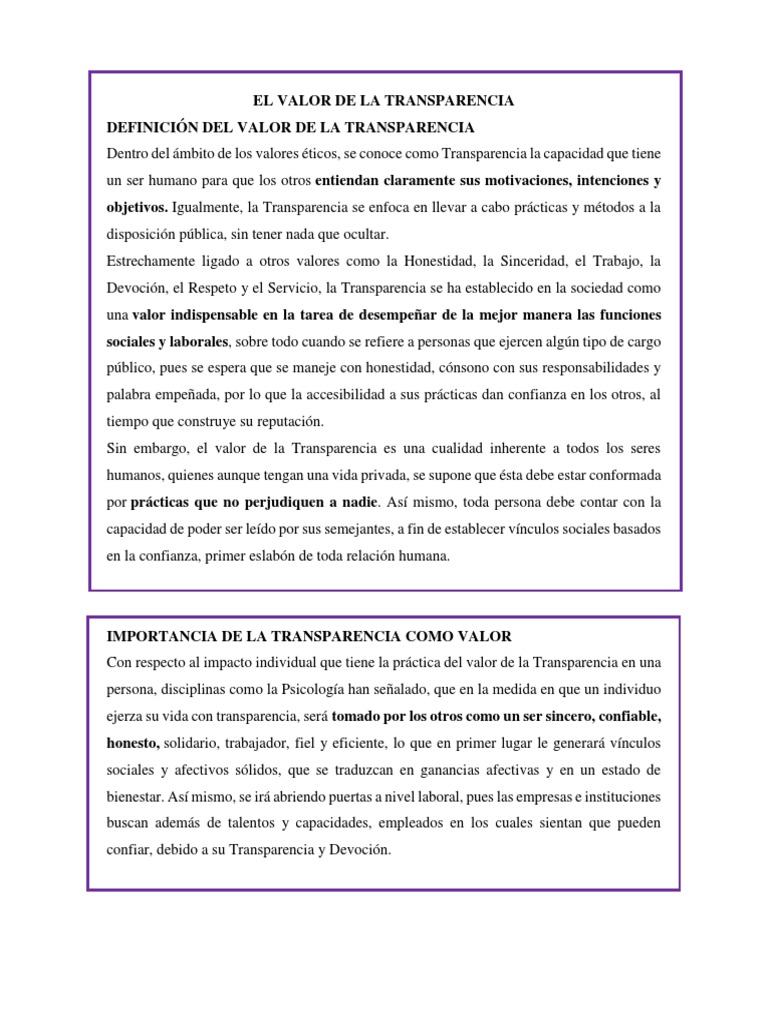 Valor y Ejemplos de Transparencia | PDF | Bienestar | Sicología