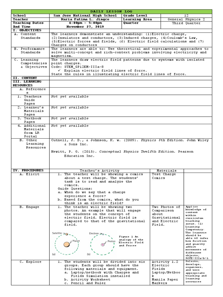 Lesson Plan in General Physics 2 | PDF | Electric Field | Teachers