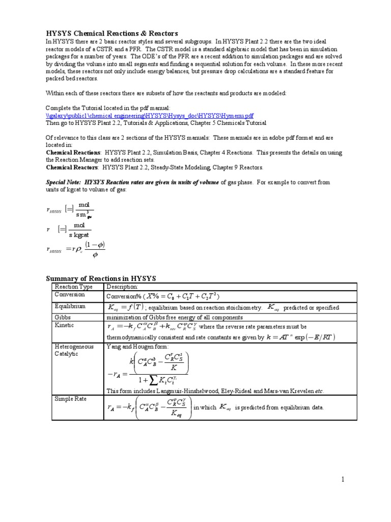 HYSYS Reactor Models Overview | PDF | Chemical Reactor | Unit Processes
