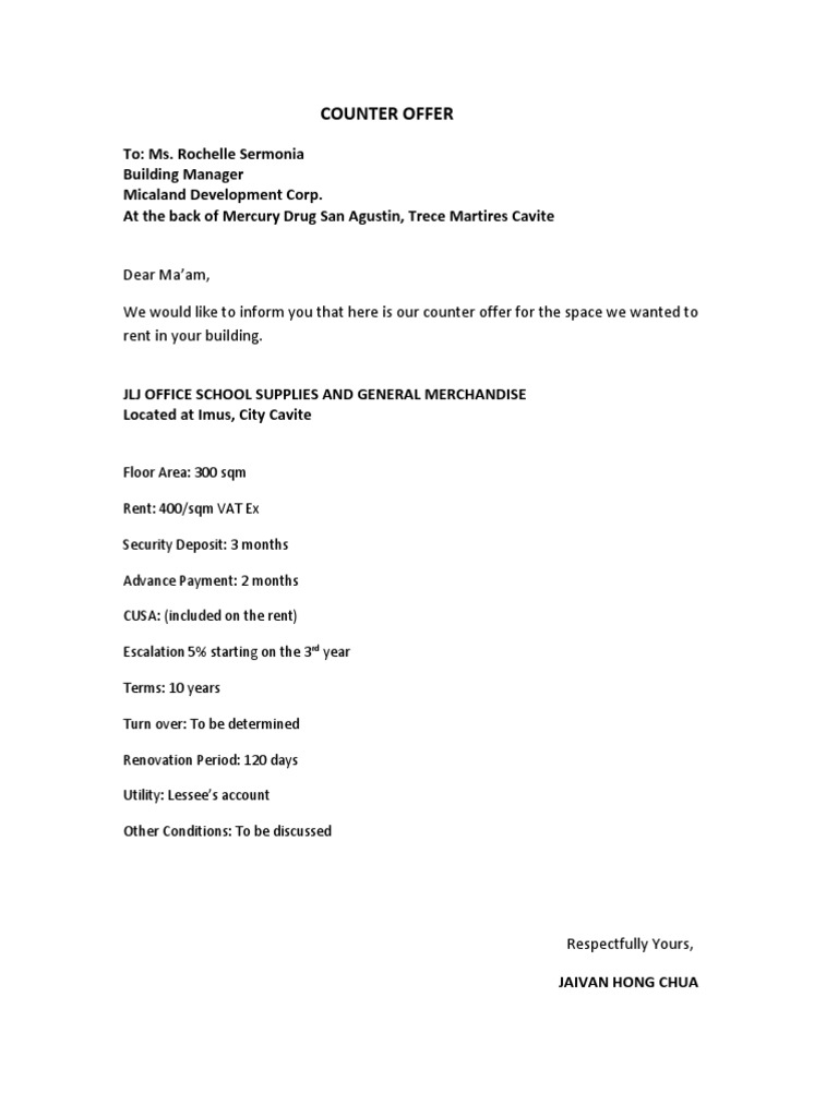 Counter Offer for Rental Space | PDF