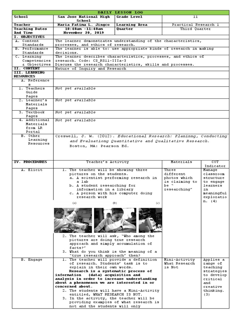 Lesson Plan in Research 1 | PDF | Teachers | Learning