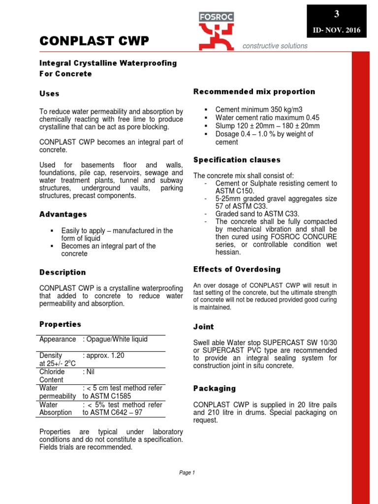 Conplast CWP | PDF | Concrete | Cement