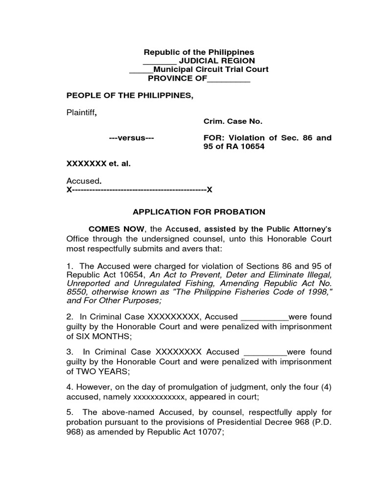 Application For Probation RA 10654 (Illegal Fishing) | PDF | Probation ...