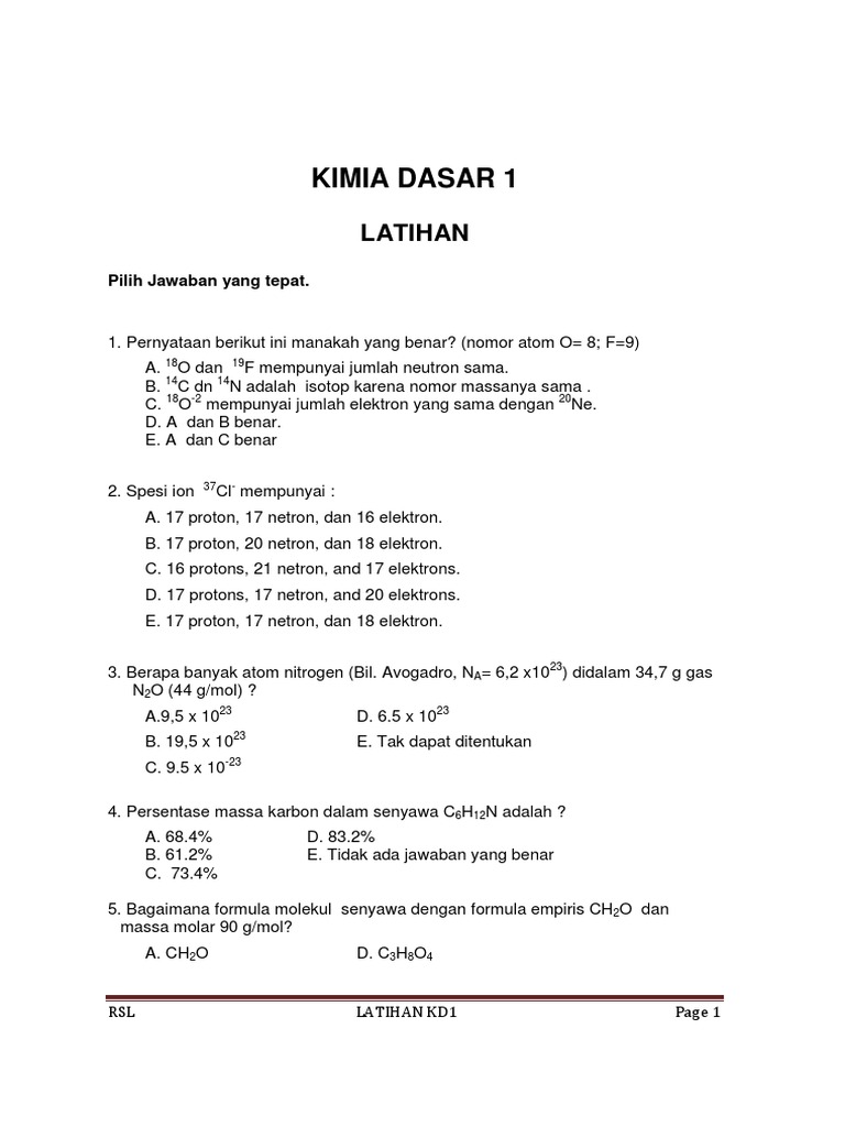 Soal Latihan Kimia Dasar 1 | PDF