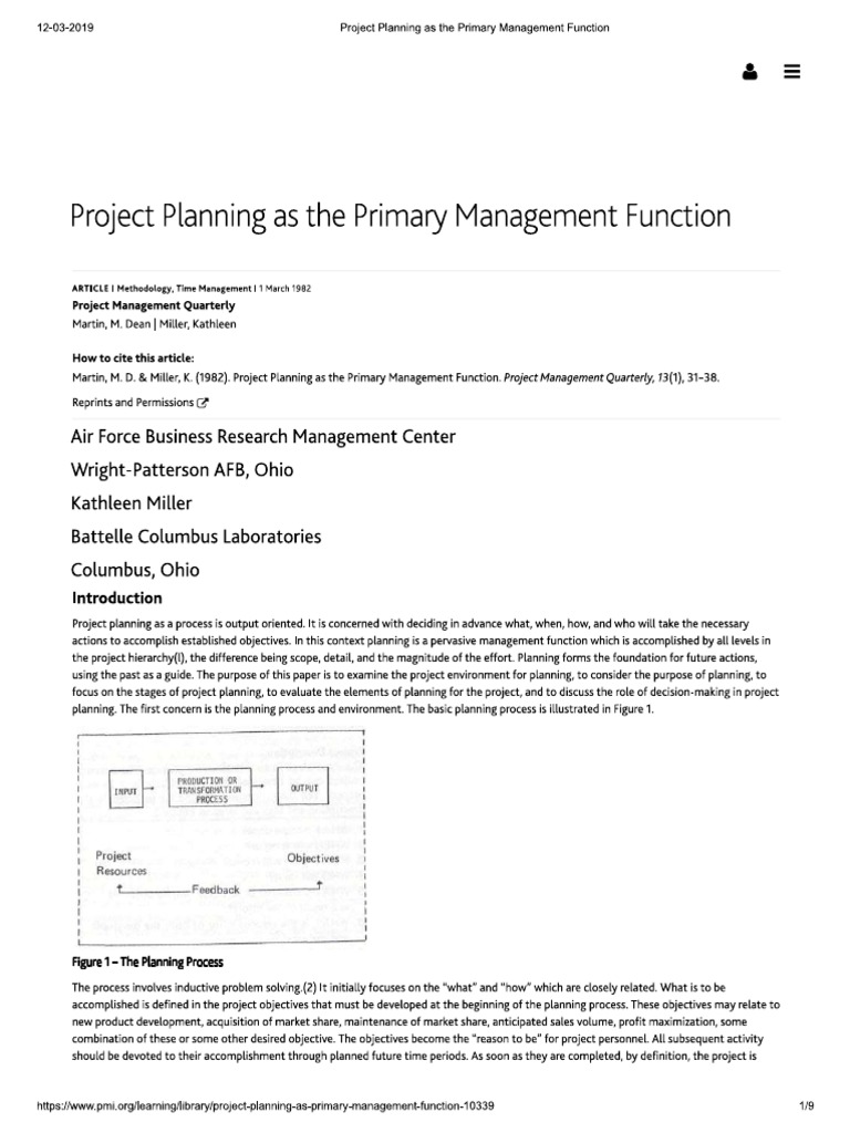 Project Planning As A Primary Management Function PDF | PDF