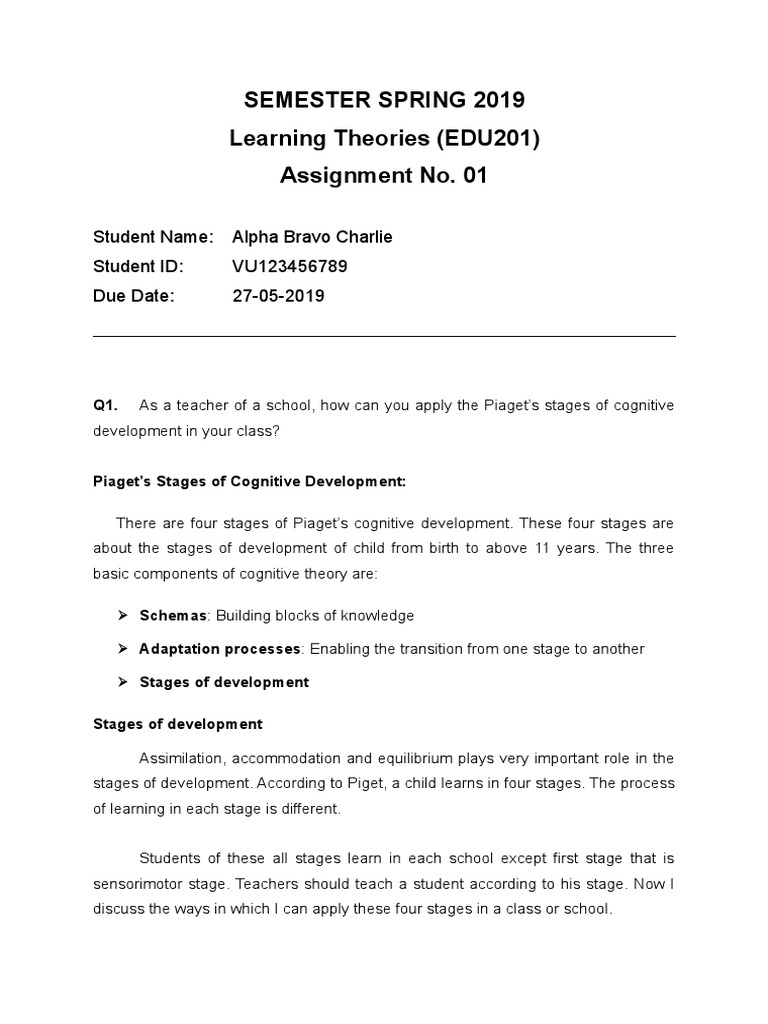 EDU201 Assignment 1 - Solved | PDF | Cognitive Development | Teachers