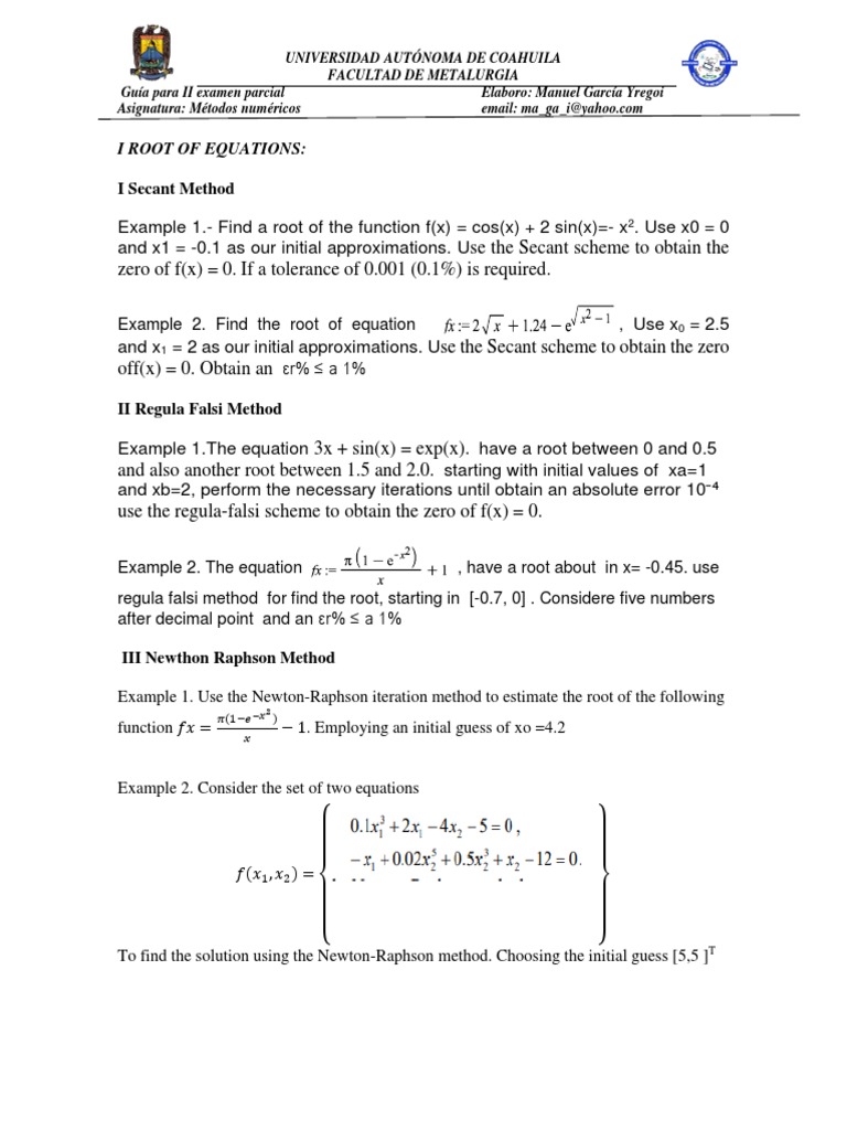 Guía para examen parcial de Métodos Numéricos con ejemplos resueltos de métodos de aproximación ...
