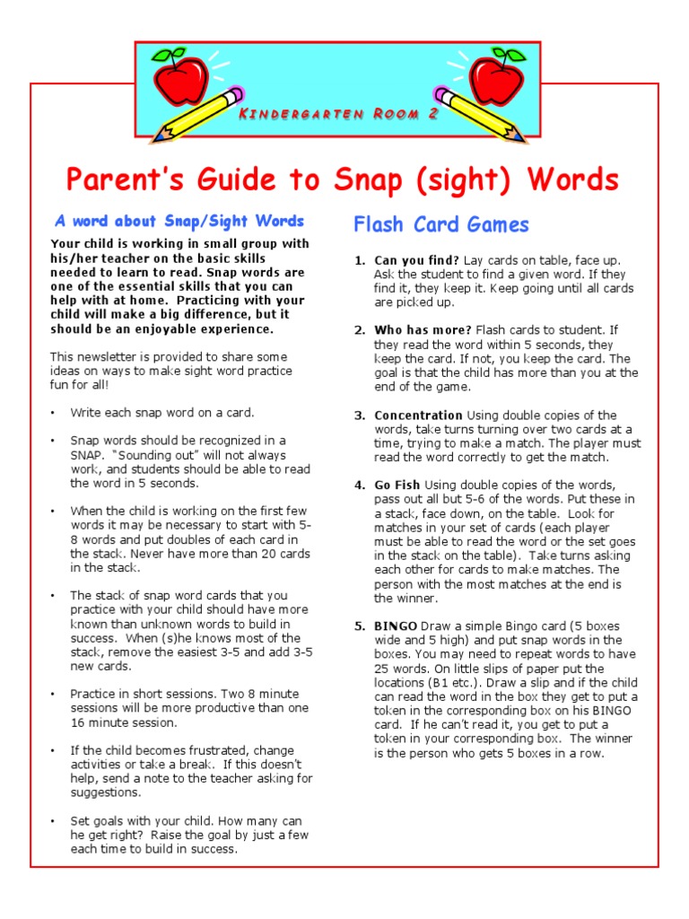 Snap Words: A Parent's Guide | PDF | Learning | Cognition