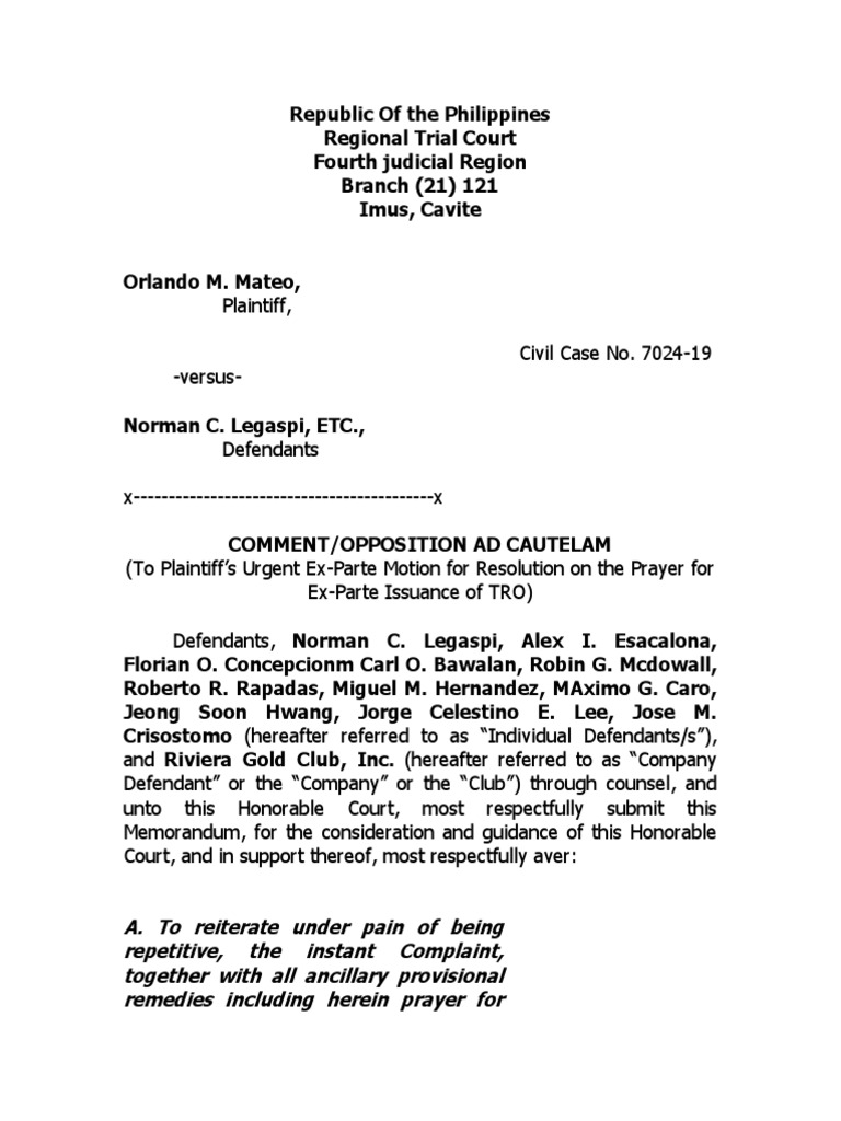 Comment Opposition Motion Ex Parte | PDF | Injunction | Prejudice ...