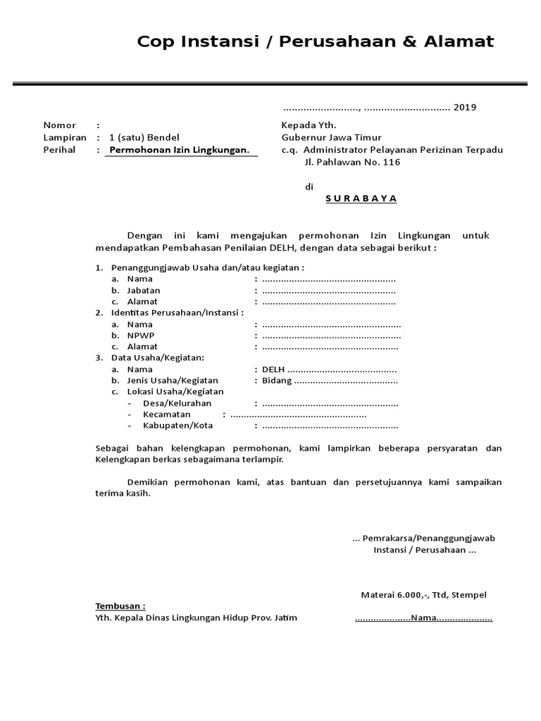 Contoh Surat Permohonan Izin Lingkungan DELH | PDF