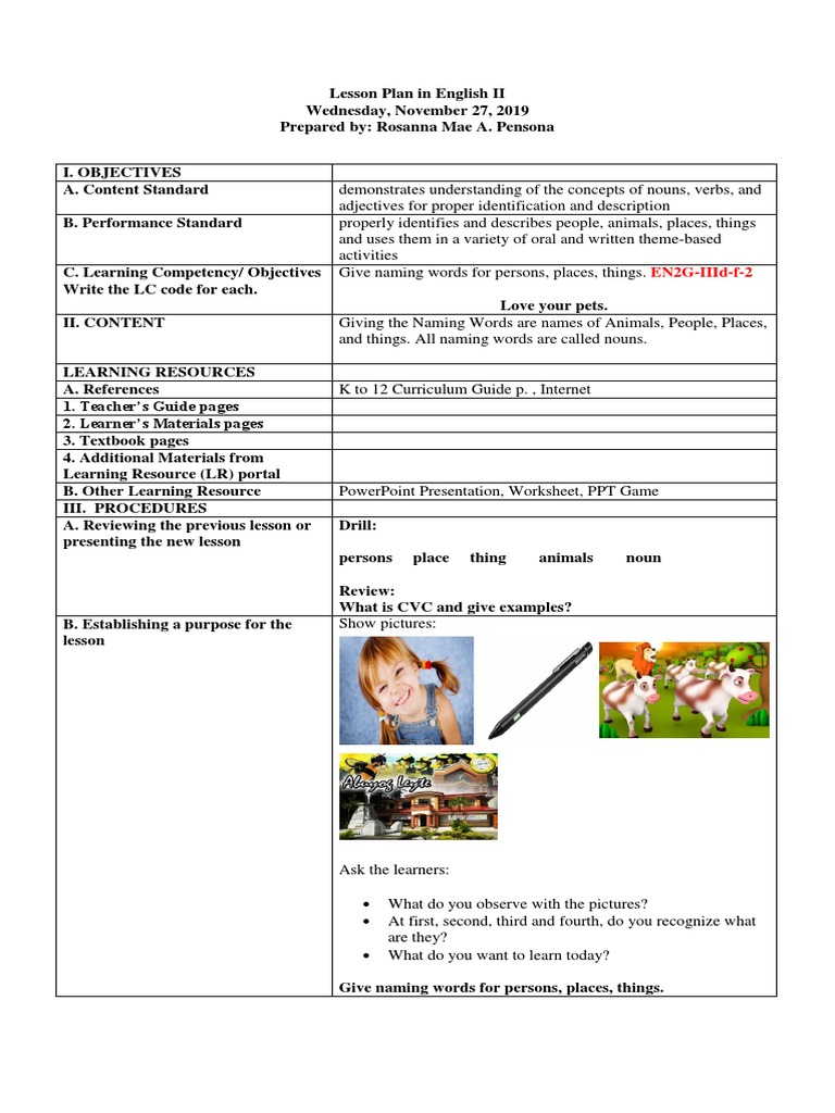 English Lesson on Naming Words | PDF | Noun | Lesson Plan