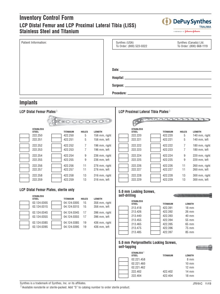 LCP Distal Femur and Tibia Plate Inventory Form | PDF | Surgery ...