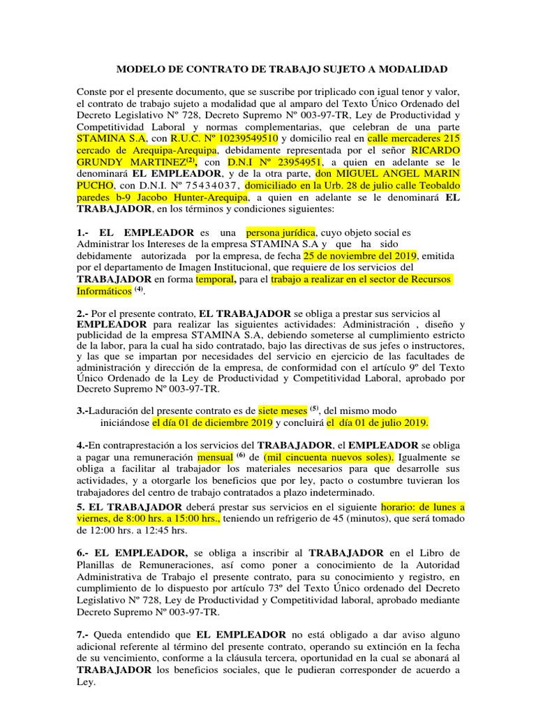 Modelo de Contrato de Trabajo Sujeto A Modalidad | PDF | Derecho laboral | Gobierno