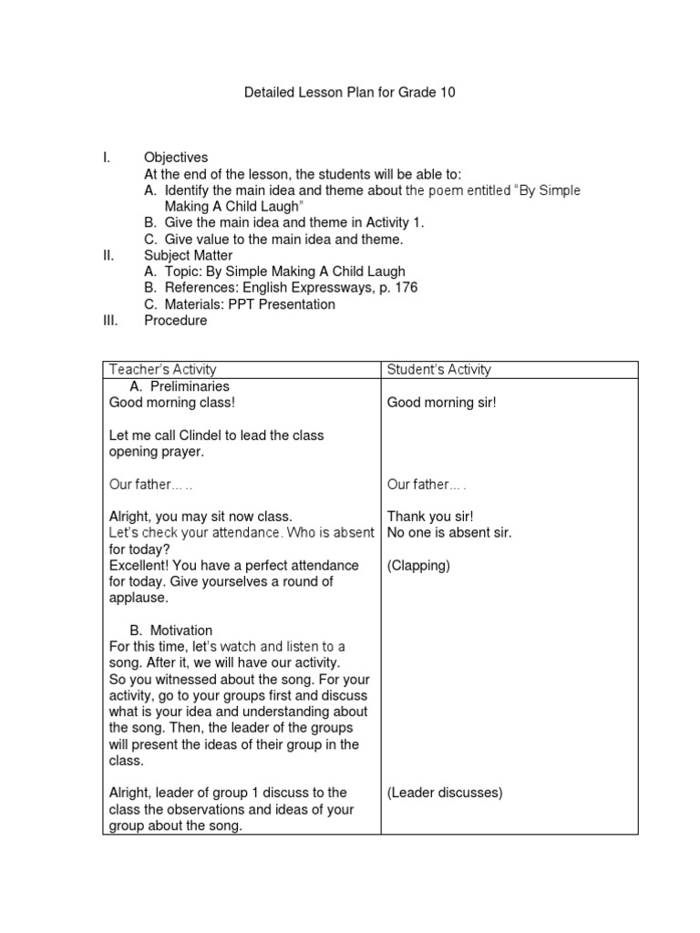Detailed Lesson Plan For Grade 10 | PDF | Cognition
