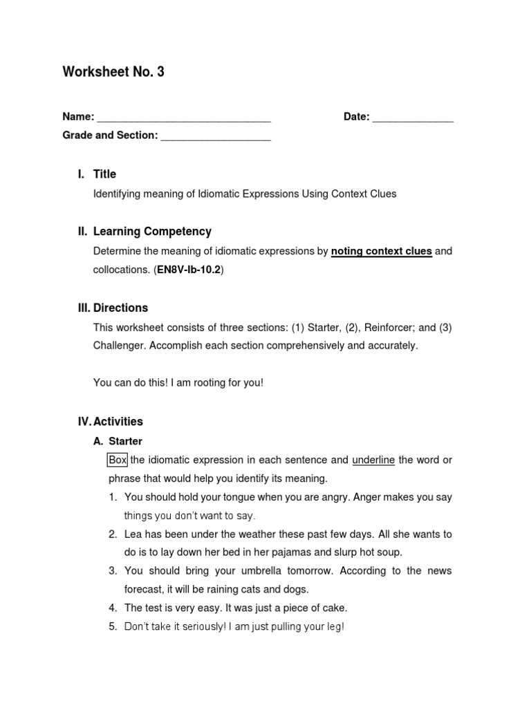 Grade 6 Idiomatic Expressions Worksheet | PDF | Idiom