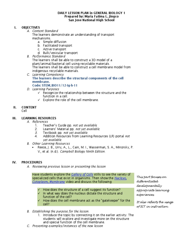 Lesson Plan in Gen Bio1 | PDF | Lipid Bilayer | Organelle
