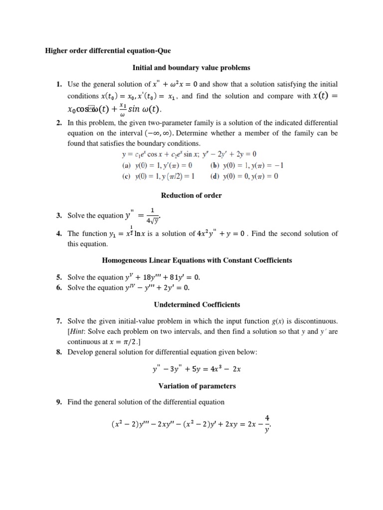 Higher Order Differential Equations Guide | PDF | Equations ...