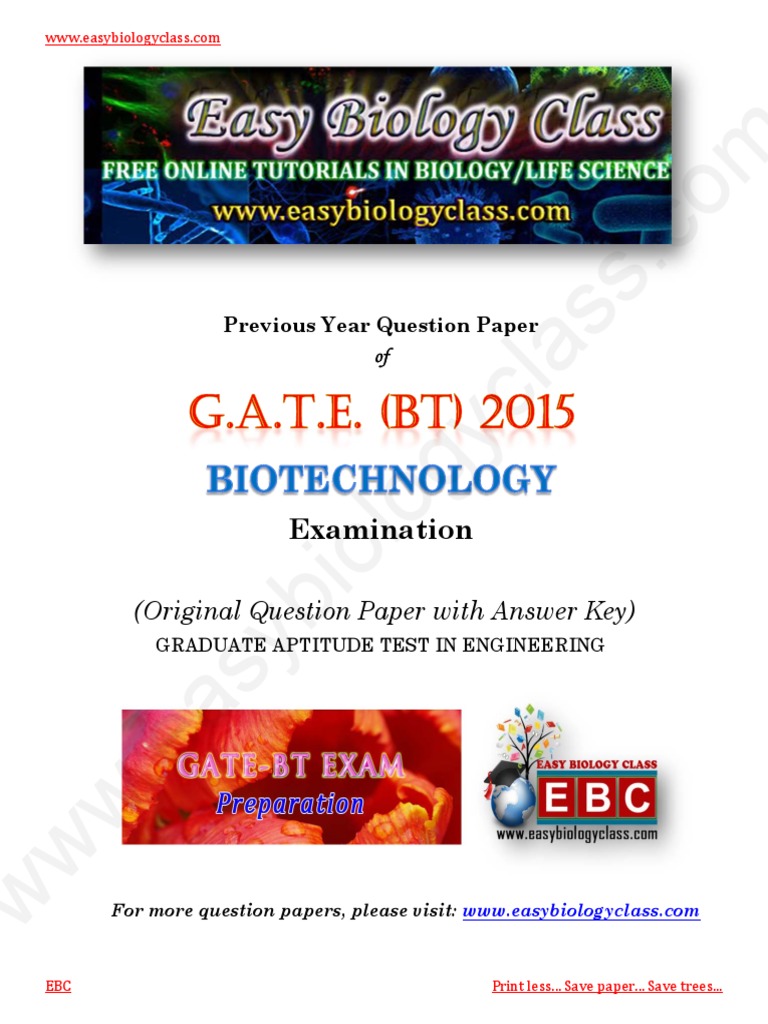 GATE BT 2015 Biotechnology Solved Question Paper PDF | PDF | Tests ...