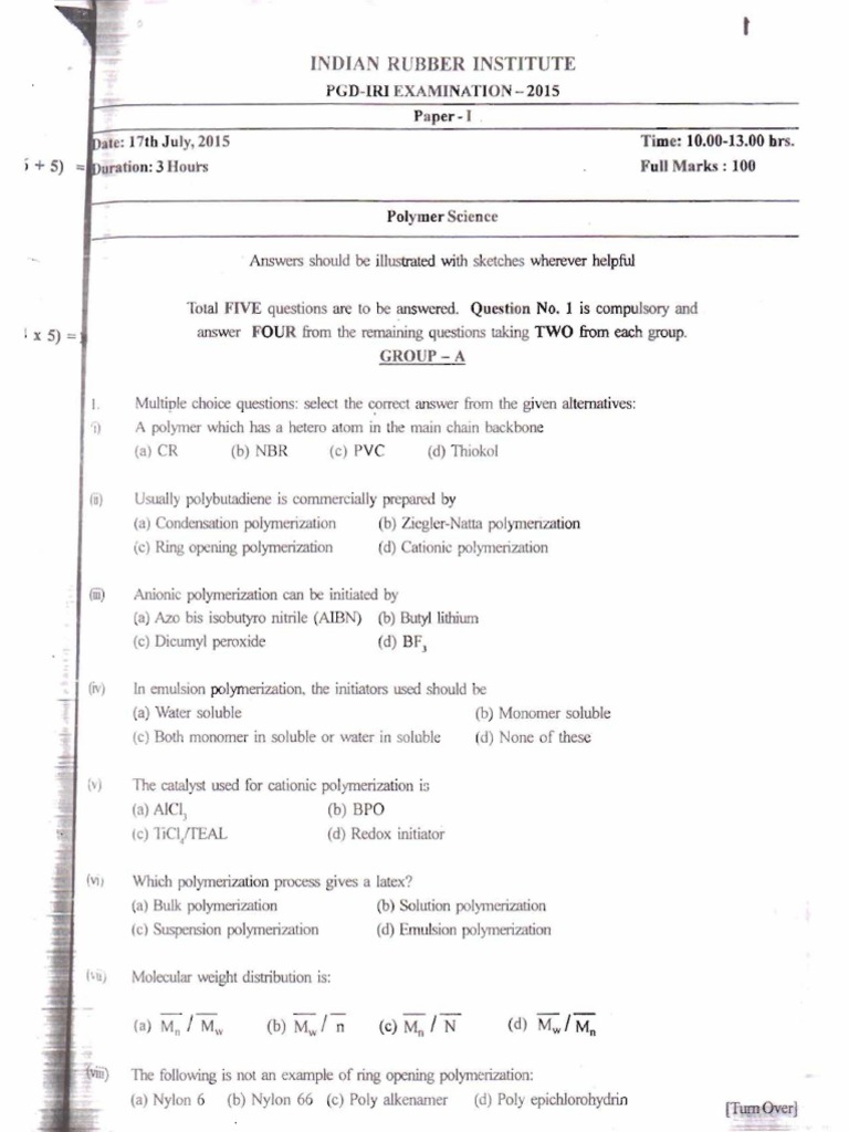 PGD-IRI Question Paper 2015 | PDF | Polymerization | Plastic