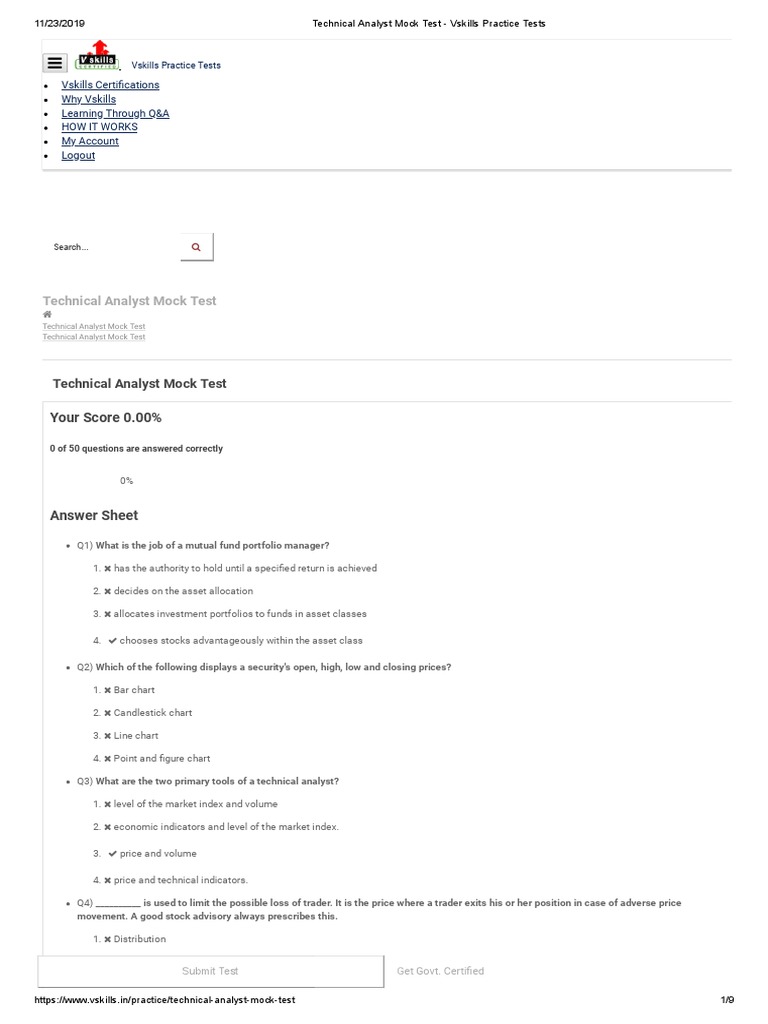 Technical Analyst Mock Test - Vskills Practice Tests | PDF | Technical ...