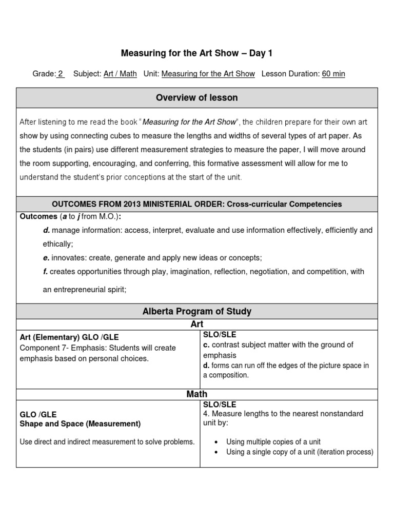 Art Show Measurement Lesson Plan | PDF | Teachers | Psychological Concepts