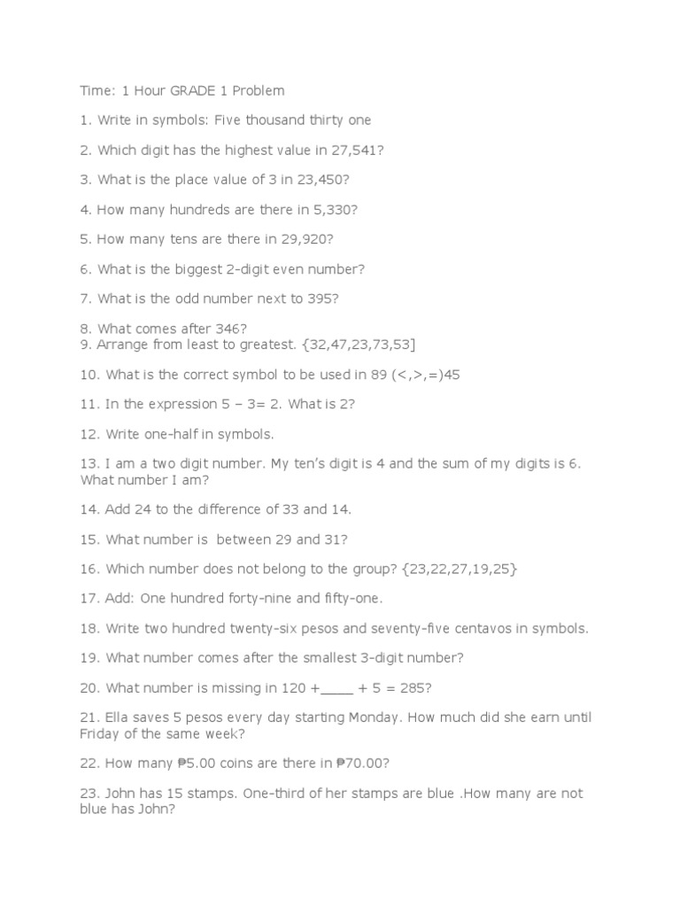 Grade 1 and 2 Math Problems | PDF | Teaching Mathematics