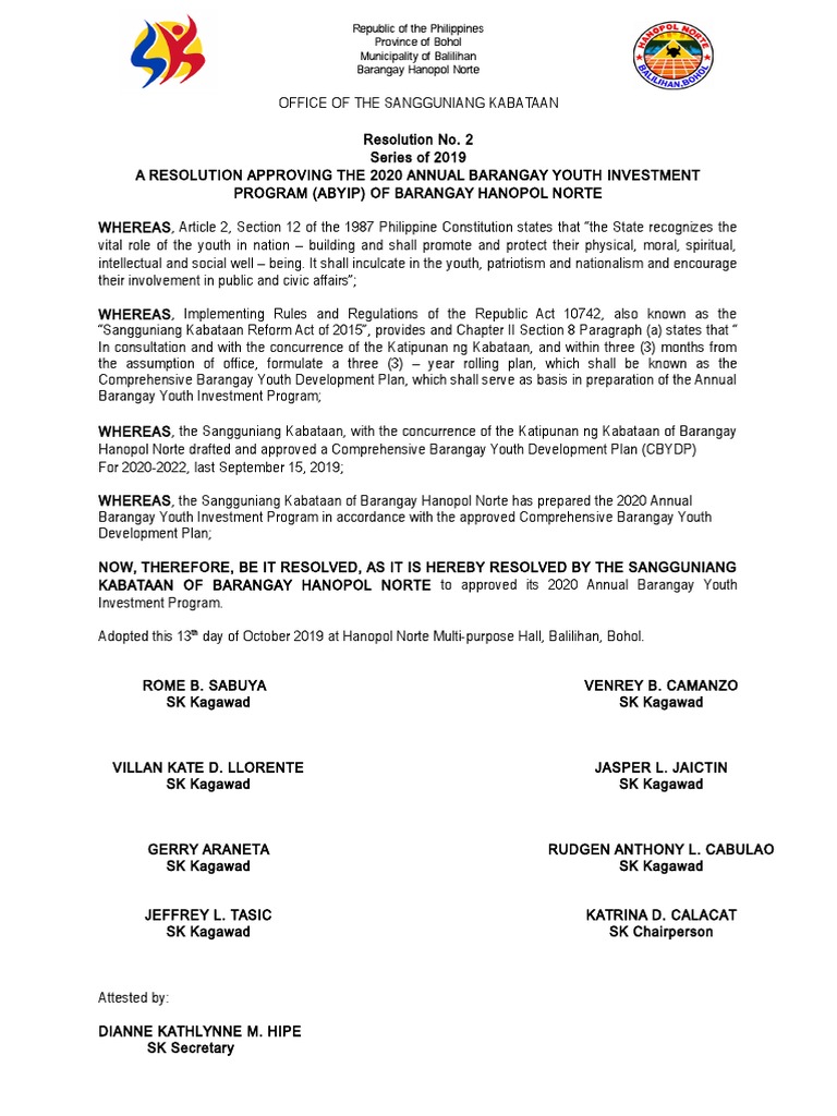A Resolution Approving The 2020 2022 Abyip Of Barangay Hanopol Norte