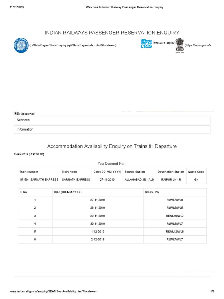 Welcome To Indian Railway Passenger Reservation Enquiry | PDF