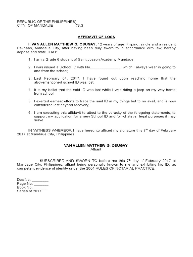 Affidavit of Loss School ID Sample