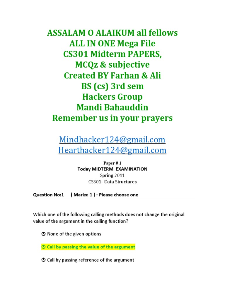 CS301 Midterm Examination: An Examination for Data Structures Containing Multiple Choice and ...