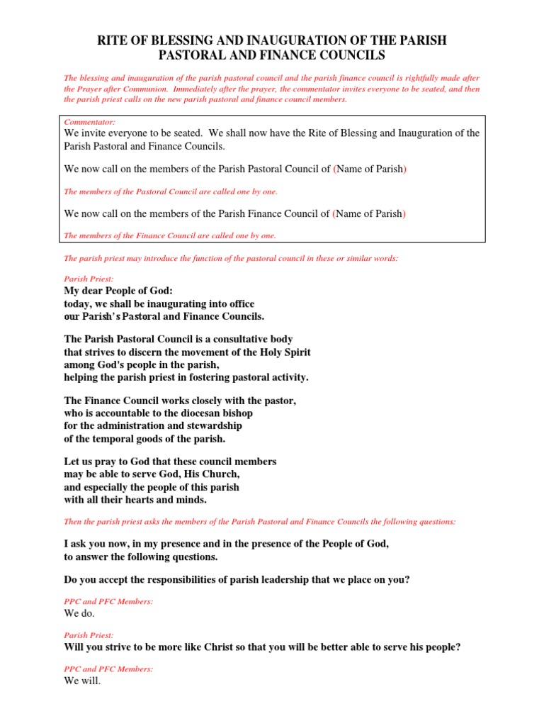 Rite of Blessing and Inauguration of the Parish Pastoral and Finance ...