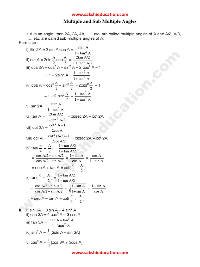 05 04 Multiple and Sub-Multiple Angles PDF | PDF | Trigonometric Functions | Complex Analysis