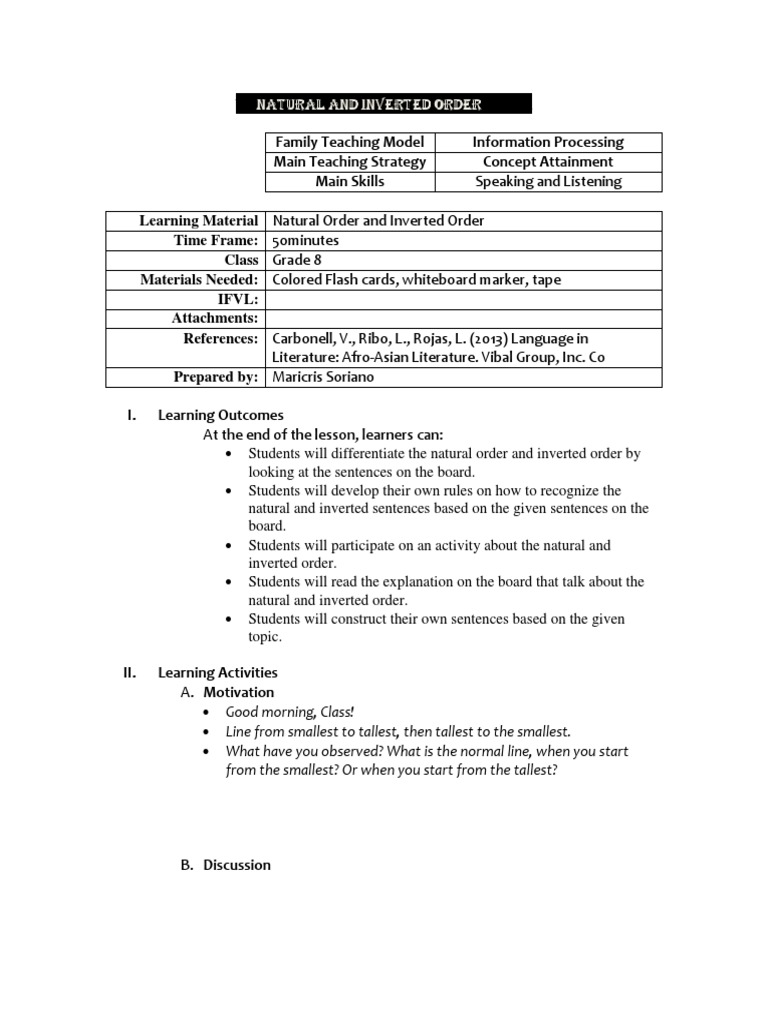 Natural vs Inverted Order Sentences | PDF | Subject (Grammar) | Linguistics