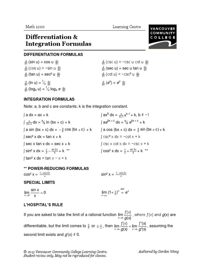 Differentiation and Integration Formulas | PDF | Mathematical Relations ...