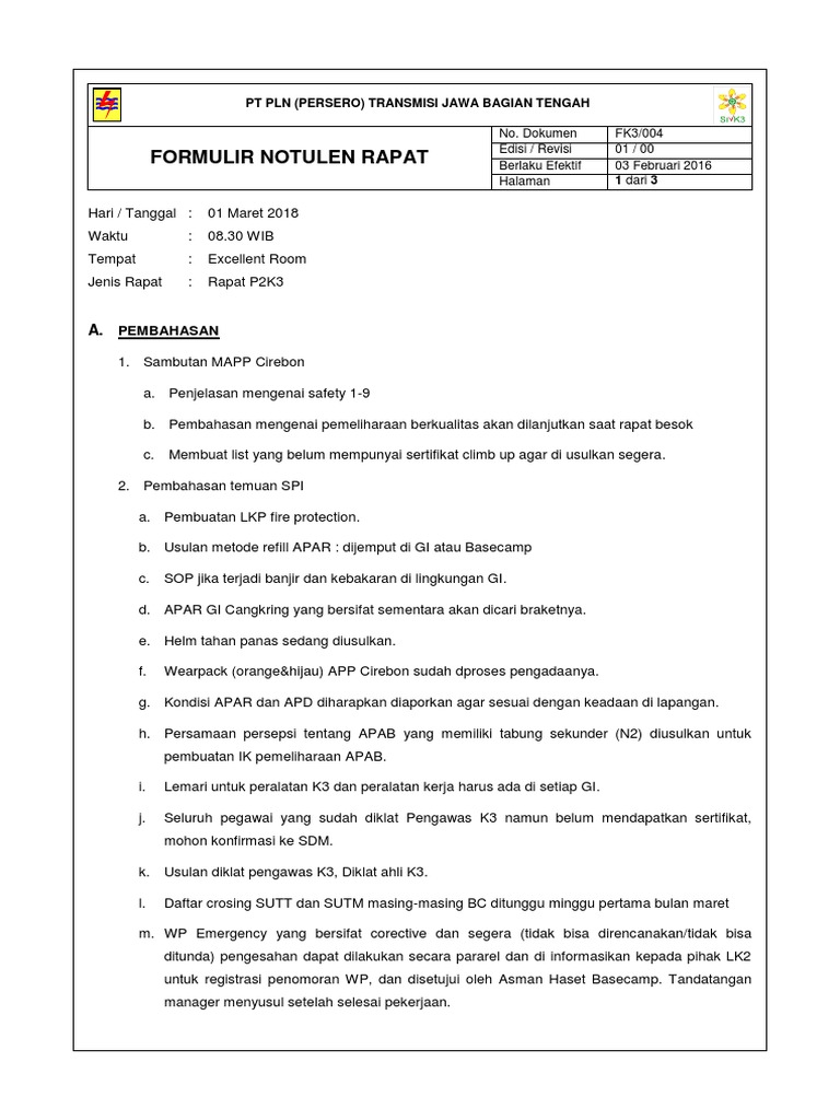 NOTULEN p2k3 Bulan Maret | PDF