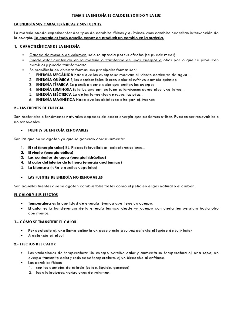 TEMA 8 Energia Calor Sonido y Luz | PDF | Energía renovable | Ligero