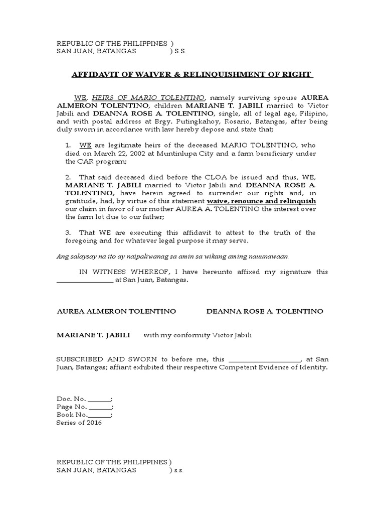 Affidavit of Waiver Tolentino Cloa | PDF | Affidavit | Evidence