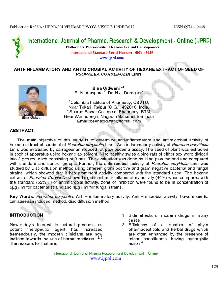 Antiinflammatory and Antimicrobial Activity of Hexane Extract of Seed of Psoralea Corylifolia ...