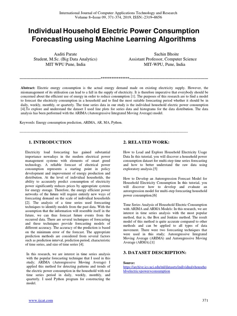 Individual Household Electric Power Consumption Forecasting Using Machine Learning Algorithms
