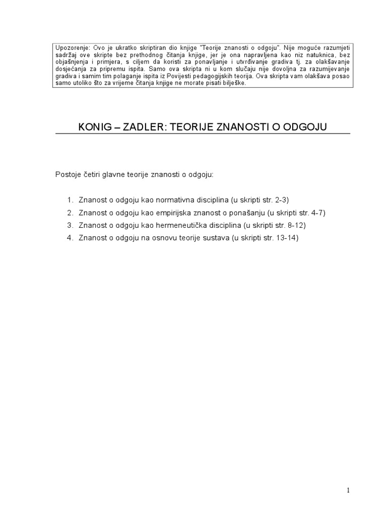 Teorije Znanosti o Odgoju Skripta | PDF