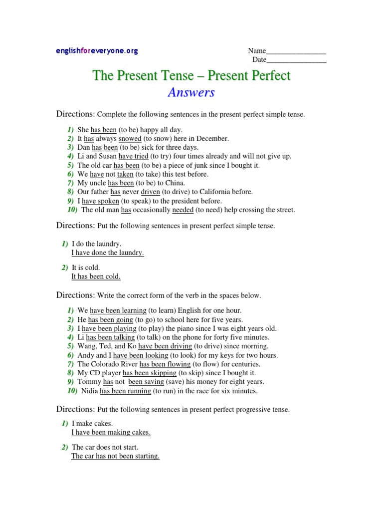 Present Perfect Tense - Answers | PDF