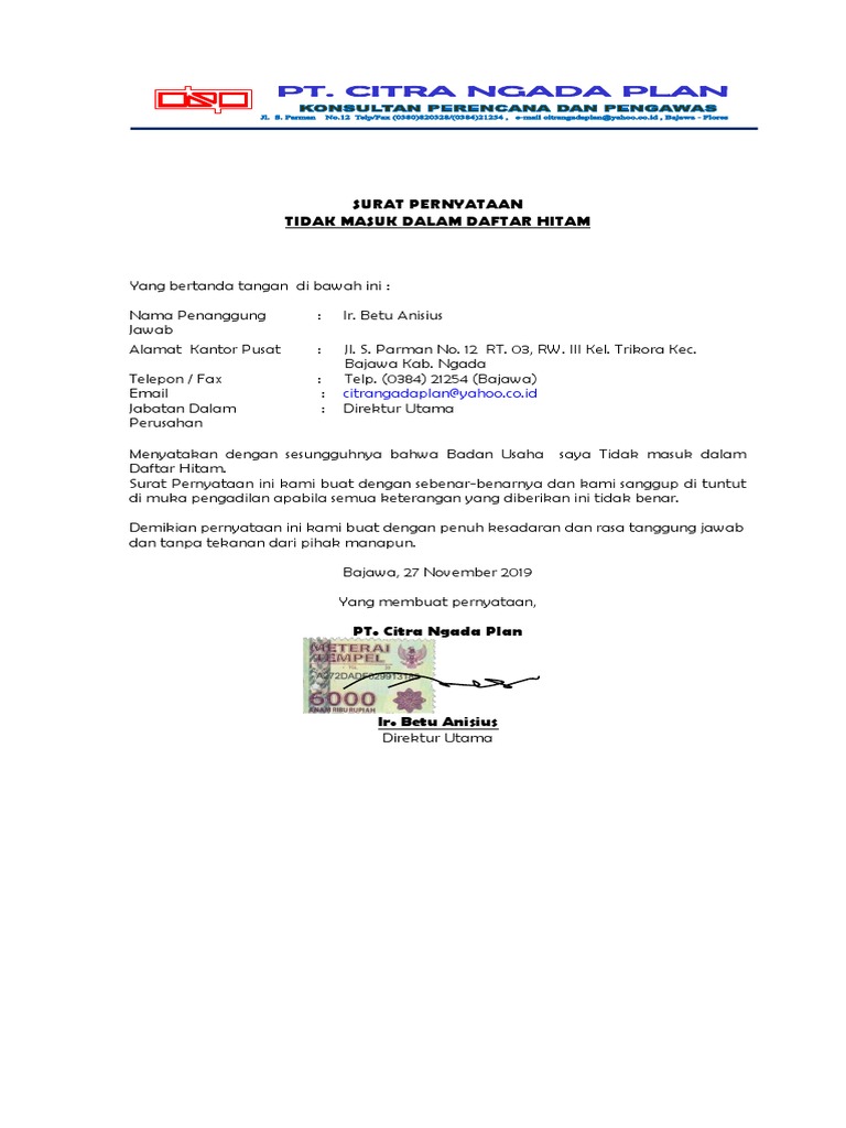 6A - Surat Pernyataan Perusahaan Tidak Masuk Dalam Daftar Hitam | PDF