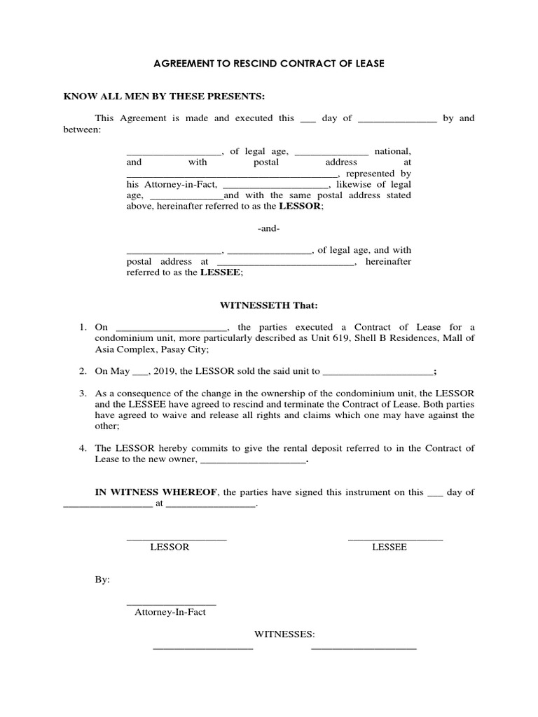 Agreement To Rescind Contract of Lease Template | PDF | Lease ...