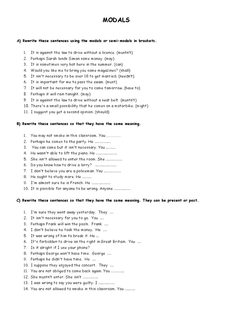 Understanding Modals: A Key to Rewriting Sentences Using Modals and Semi-Modals | PDF ...