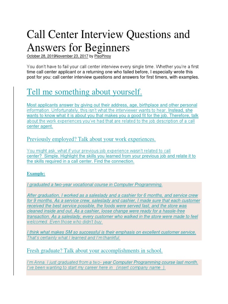 Call Center Interview Questions and Answer | PDF | Call Centre | Job ...