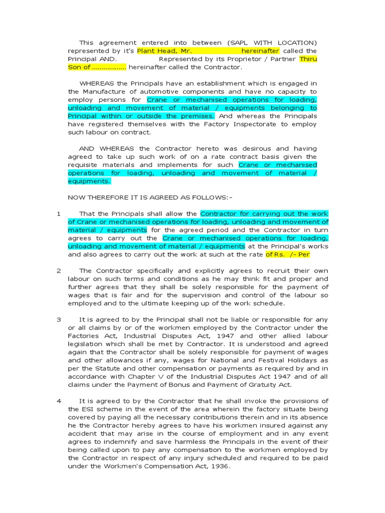 Crane Operations Contract Agreement | PDF | Indemnity | Employment