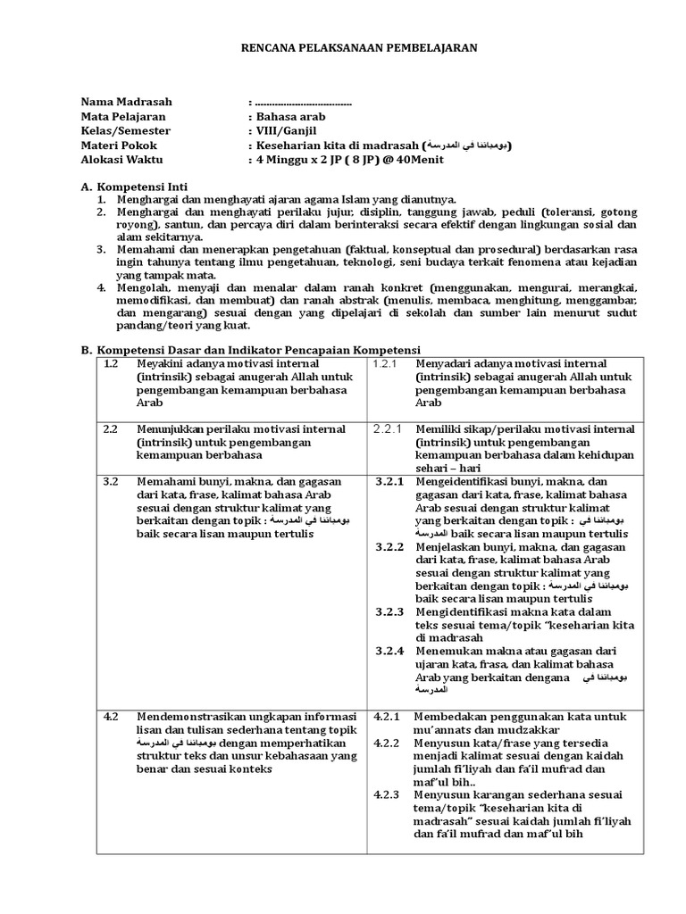 RPP Bahasa Arab Kelas 8 Ganjil | PDF | Karier & Perkembangan